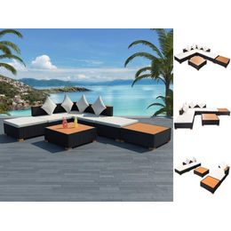 vidaXL Garten-Essgruppe 7-tlg Garten Lounge Set mit Auflagen Polyrattan Schwarz Sitzgruppe Set