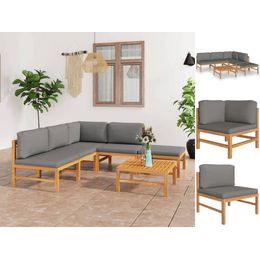 vidaXL Garten-Essgruppe 6-tlg Garten Lounge Set mit Grauen Kissen Massivholz Teak Holz Sitzgru