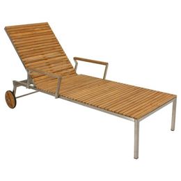 etc-shop Gartenstuhl, Sonnenliege Teak Teakholz Edelstahl 197cm Holz Garten Balkon Liege