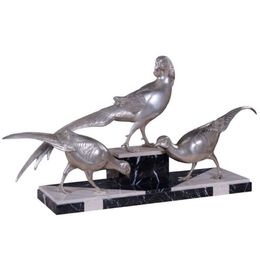 Casa Padrino Dekofigur Luxus Deko Bronzefiguren 3 Fasane Silber / Schwarz / Weiß 84 x 20 x H. 42 cm