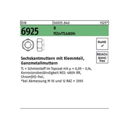 Reyher Muttern 250er Pack Sechskantmutter DIN 6925 Klemmteil M12 8 zinklamellenbes. f