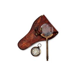 NKlaus Handlupe Lupe und Kompass aus Messing antik Lederetui 14x3
