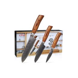 Wakoli Messer-Set Edib Pro 3er Damastmesser-Set I Holzbox I 8-16cm Klinge I Pakkaholz