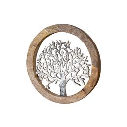 Levandeo® Dekoobjekt, Wandbild Ø25cm Lebensbaum Metall Holz Mango Silber Braun Bild