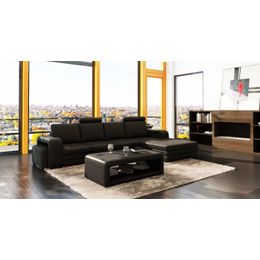 JVmoebel Wohnzimmer-Set Ecksofa Sofa 3tlg. Couch Tisch Hocker Leder Couchen Landschaft