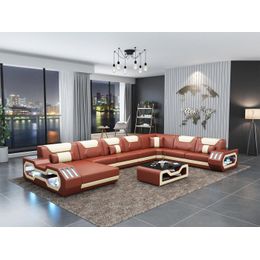 JVmoebel Wohnzimmer-Set, Ecksofa U-Form Couchtisch Couch Design Grau Polster Leder Modern