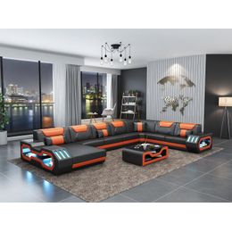 JVmoebel Wohnzimmer-Set, Ecksofa U-Form Couchtisch Couch Design Grau Polster Leder Modern