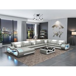 JVmoebel Wohnzimmer-Set, Ecksofa U-Form Couchtisch Couch Design Grau Polster Leder Modern