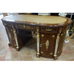 Casa Padrino Schreibtisch Barock Massivholz Schreibtisch Braun Intarsien / Gold / Weiß / Cremefarben