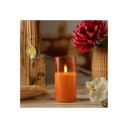 MARELIDA LED-Kerze Windlicht im Glas Echtwachs flackernd Timer H: 15cm rund orange