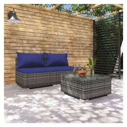 furnicato Garten-Essgruppe 3-tlg. Garten-Lounge-Set mit Kissen Poly Rattan Grau