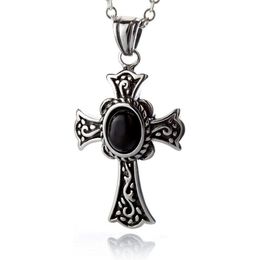 Karisma Kette mit Anhänger Edelstahl Kreuz Anhänger Mittelalter Schwarze Onyx Stein Beschichtung mit EdelstahlKette P524