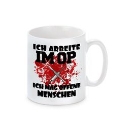 Herzbotschaft Tasse Kaffeebecher mit Motiv Ich arbeite im OP