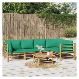 furnicato Garten-Essgruppe 6-tlg. Garten-Lounge-Set mit Grünen Kissen Bambus