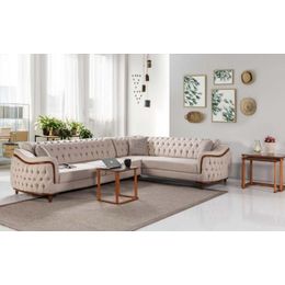 JVmoebel Ecksofa Chesterfield Couch mit Holz Elementen Luxus Ecksofa Eckcouch