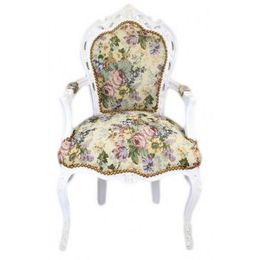 Casa Padrino Esszimmerstuhl Barock Esszimmer Stuhl mit Armlehnen Blumenmuster / Antik Weiß
