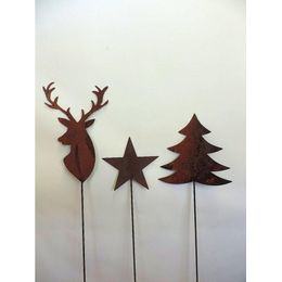 Feliwa Gartenstecker 3x Hirsch Tanne Stern Gartenstecker Weihnachtsstecker Edelrost Dekoste (3-St) Handgefertigt aus stabilem Eisen in Europa