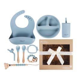 Lililove Geschenkset Neugeborenen-Geschenkset Fine Dining Box Blau (Baby/ Kleinkinder Geschirr Set 9-teilig) Aus 100% Silikon in Lebensmittelqualität