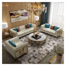 JVmoebel Wohnzimmer-Set, Luxus Edelstahl Leder Couch Sitz 3+2+1 Set Wohnzimmer Garnitur