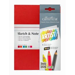 Brevilliers Cretacolor Buntstift Skizzier-Set: 6 Mega Neon- & Graphit Stifte + 2 Skizzierhefte