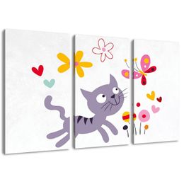 Pixxprint Leinwandbild Katze mit Schmetterling und Blumen