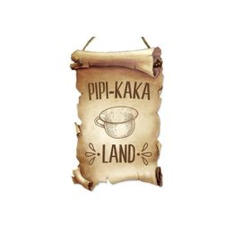Kreative Feder Wanddekoobjekt Deko-Schild „Pipi-Kaka Land“ aus Holz in Schriftrollen-Optik