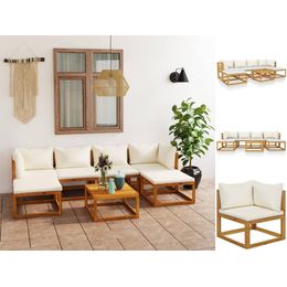 vidaXL Garten-Essgruppe 7-tlg Garten Lounge Set mit Auflagen Creme Massivholz Akazie Holz Sitz