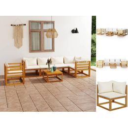 vidaXL Garten-Essgruppe 7-tlg Garten Lounge Set mit Auflagen Creme Massivholz Akazie Holz Sitz