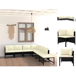 vidaXL Garten-Essgruppe 7-tlg Garten Lounge Set mit Kissen Polyrattan Schwarz Sitzgruppe Set L