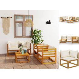 vidaXL Garten-Essgruppe 5-tlg Garten Lounge Set mit Auflagen Creme Massivholz Akazie Holz Sitz