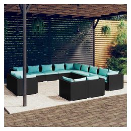 furnicato Garten-Essgruppe 13-tlg. Garten-Lounge-Set mit Kissen Schwarz Poly Rattan