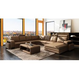 JVmoebel Wohnzimmer-Set, Ecksofa U-Form + 2x Hocker + Couchtisch Couch Design Polster Leder