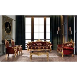 JVmoebel Wohnzimmer-Set Bordeaux Rote Sofagarnitur Couch Gold Klassische Möbel Tisch 5tlg.