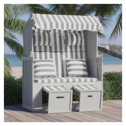 furnicato Gartenliege Strandkorb mit Kissen Poly Rattan und Massivholz Grau & Weiß