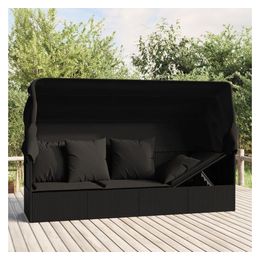 furnicato Gartenliege Outdoor-Loungebett mit Dach und Kissen Schwarz Poly Rattan