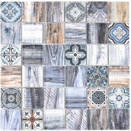 Mosani Mosaikfliesen Mosaik Fliese Patchwork blau grau Holzoptik