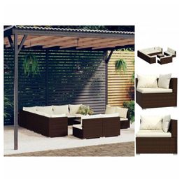 vidaXL Garten-Essgruppe 12-tlg Garten Lounge Set mit Kissen Braun Polyrattan Loungemöbel