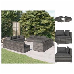 vidaXL Garten-Essgruppe 12-tlg Garten Lounge Set mit Kissen Polyrattan Grau Loungemöbel