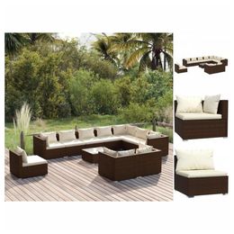 vidaXL Garten-Essgruppe 11-tlg Garten Lounge Set mit Kissen Polyrattan Braun Loungemöbel