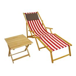 ERST-HOLZ Gartenliege Liegestuhl rot-weiß Gartenliege Strandliege Buche Fußteil Tisch Kissen