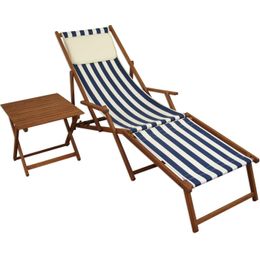 ERST-HOLZ Gartenliege Gartenliege blau-weiß Fußteil Tisch Kissen Liegestuhl Sonnenliege