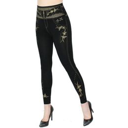 dy_mode Highwaist Leggings Damen Leggings Schwarz mit Goldfarben Glanz Muster Hochbund Hose elastischem Hochbund