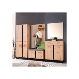 Homestyle4u Garderoben-Set Flur Industrial Holz Eiche Sitzbank Kleiderstange 3 Haken mit Spiegel