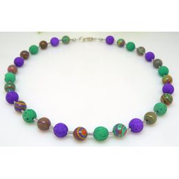 traumschmuck Collier 116d Halskette Perlen Malachit Lava mehrfarbig lila violett grün (Geschenk
