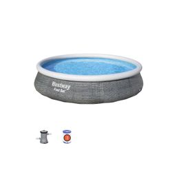 Bestway Quick-Up Pool Fast Set Pool Swimmingpool Rund Rattan Optik+Leiter+Filterpumpe 396x84