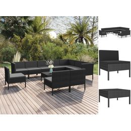 vidaXL Garten-Essgruppe 11-tlg Garten Lounge Set mit Auflagen Polyrattan Schwarz Loungemöbel