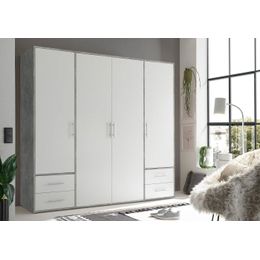 möbelando möbelando Kleiderschrank Valencia (BxHxT: 206x195x60 cm) in Beton Optik / Weiß mit 4 Schubladen und 4 Türen