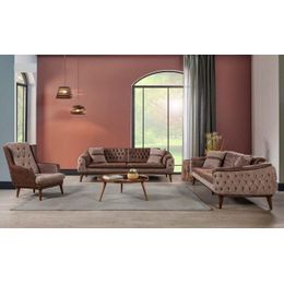 JVmoebel Wohnzimmer-Set Braun Sofagarnitur Luxus Sofas Sessel 3+3+1 Sitzer Chesterfield Design