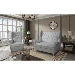 JVmoebel Wohnzimmer-Set Graue Stoff Chesterfield Sofagarnitur 2+1 Sitzer Sofa Couch Polster