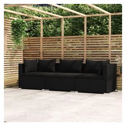 furnicato Garten-Essgruppe 3-Sitzer-Sofa mit Kissen Schwarz Poly Rattan